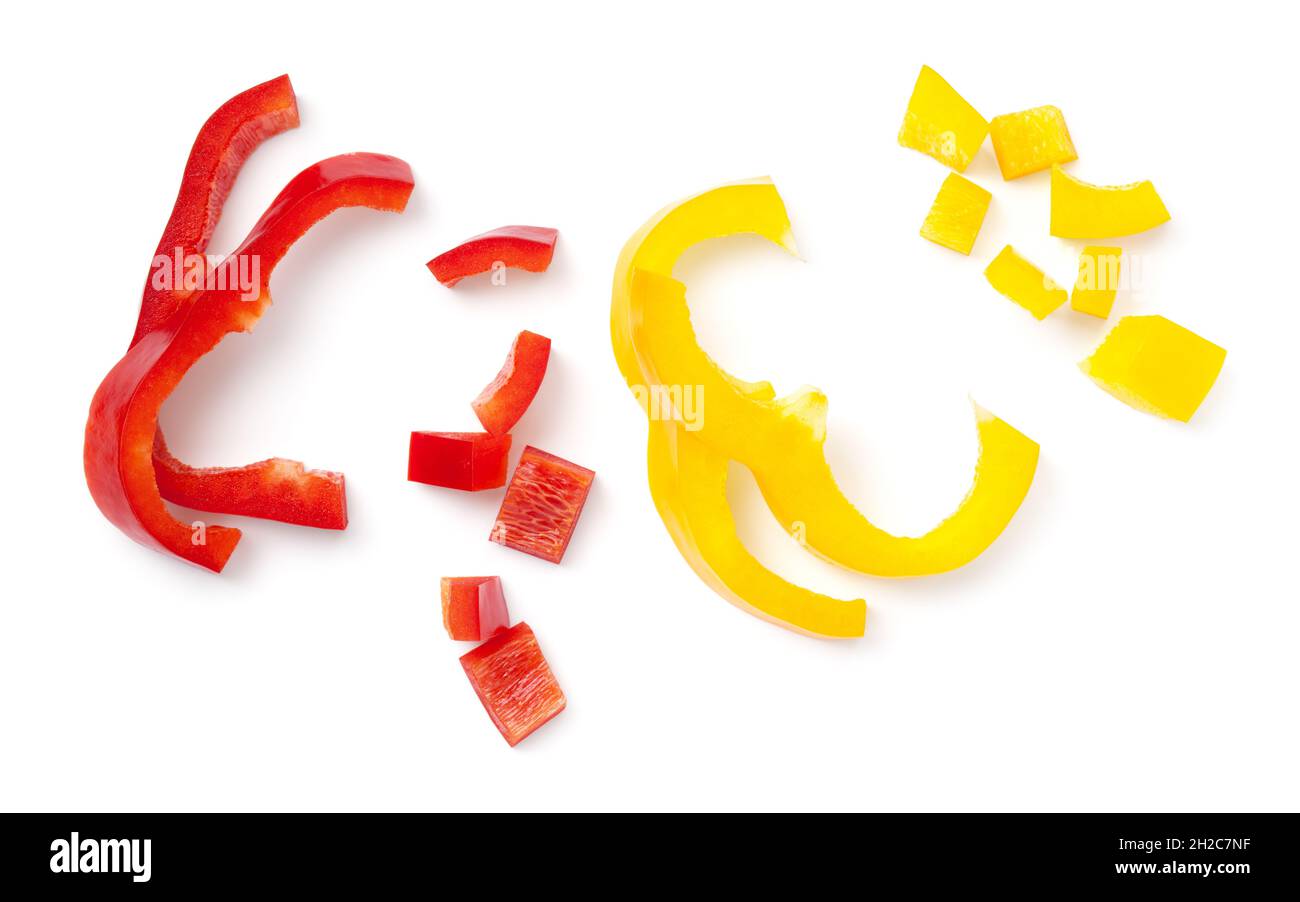 Sweet bell pepper pieces isolated on white background. Red and yellow ...