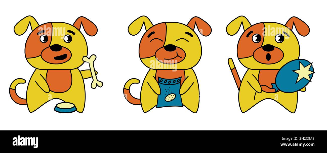 Cartoon dog, set of three puppies. A dog eating a bone, a dog chewing ...