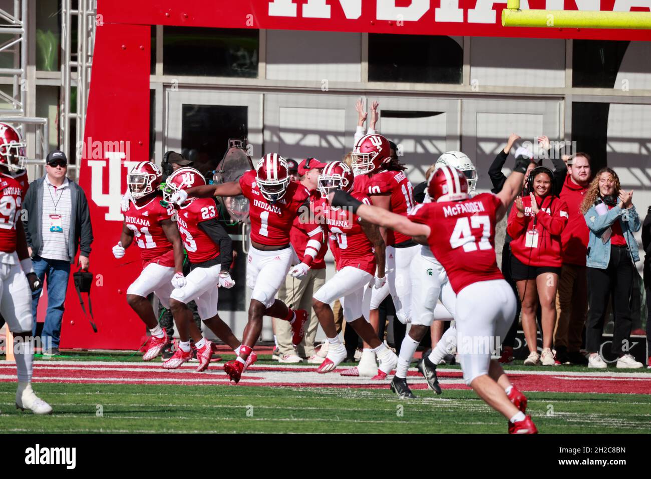 Indiana University celebrates an interceptor against Michigan State ...