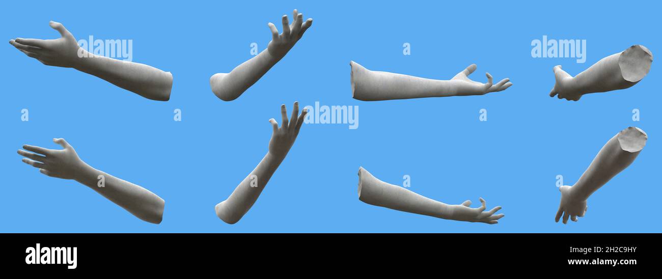 8 grey stone statue hand realistic renders isolated on blue, lights and ...