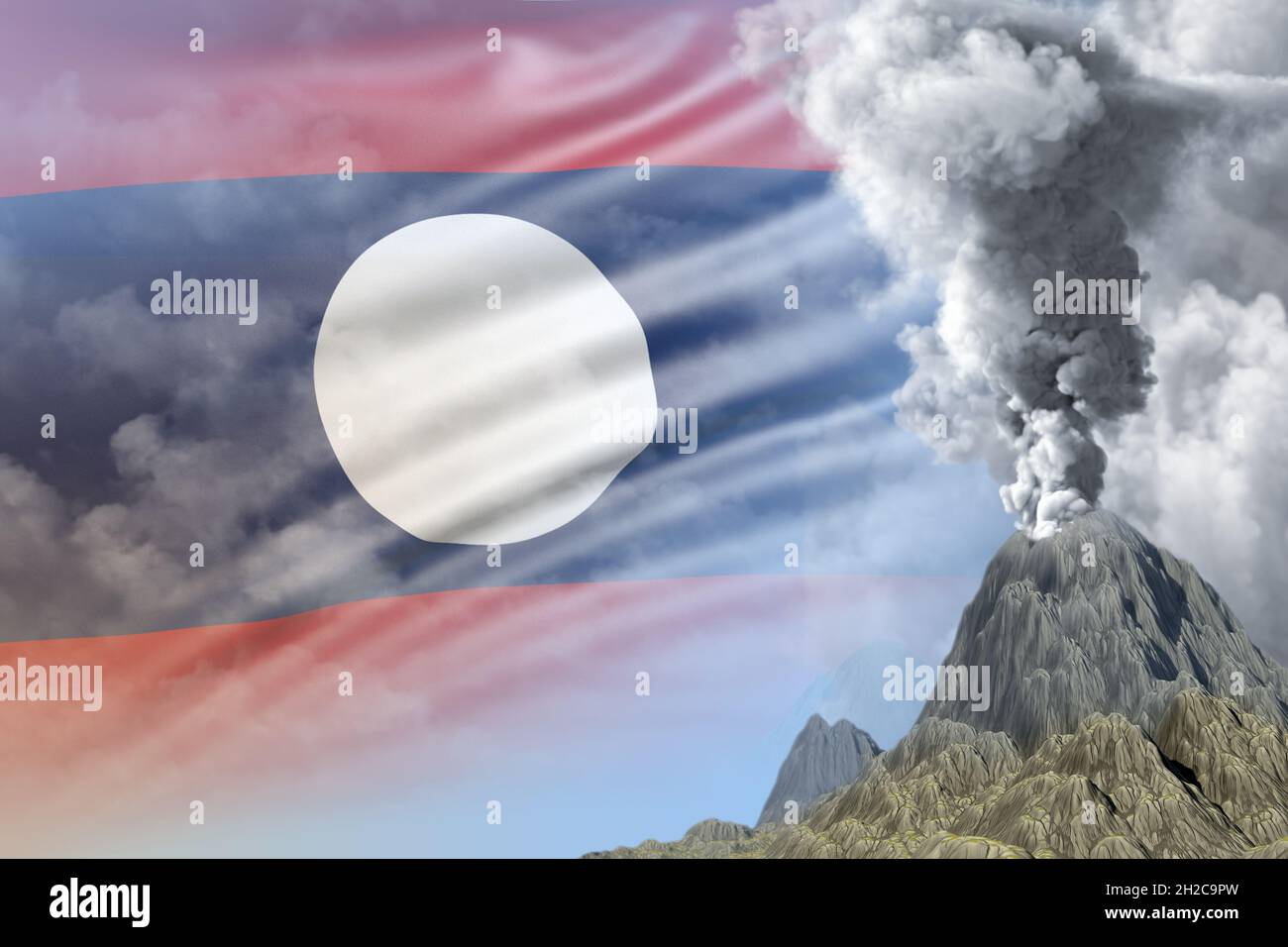 conical volcano eruption at day time with white smoke on Lao People ...