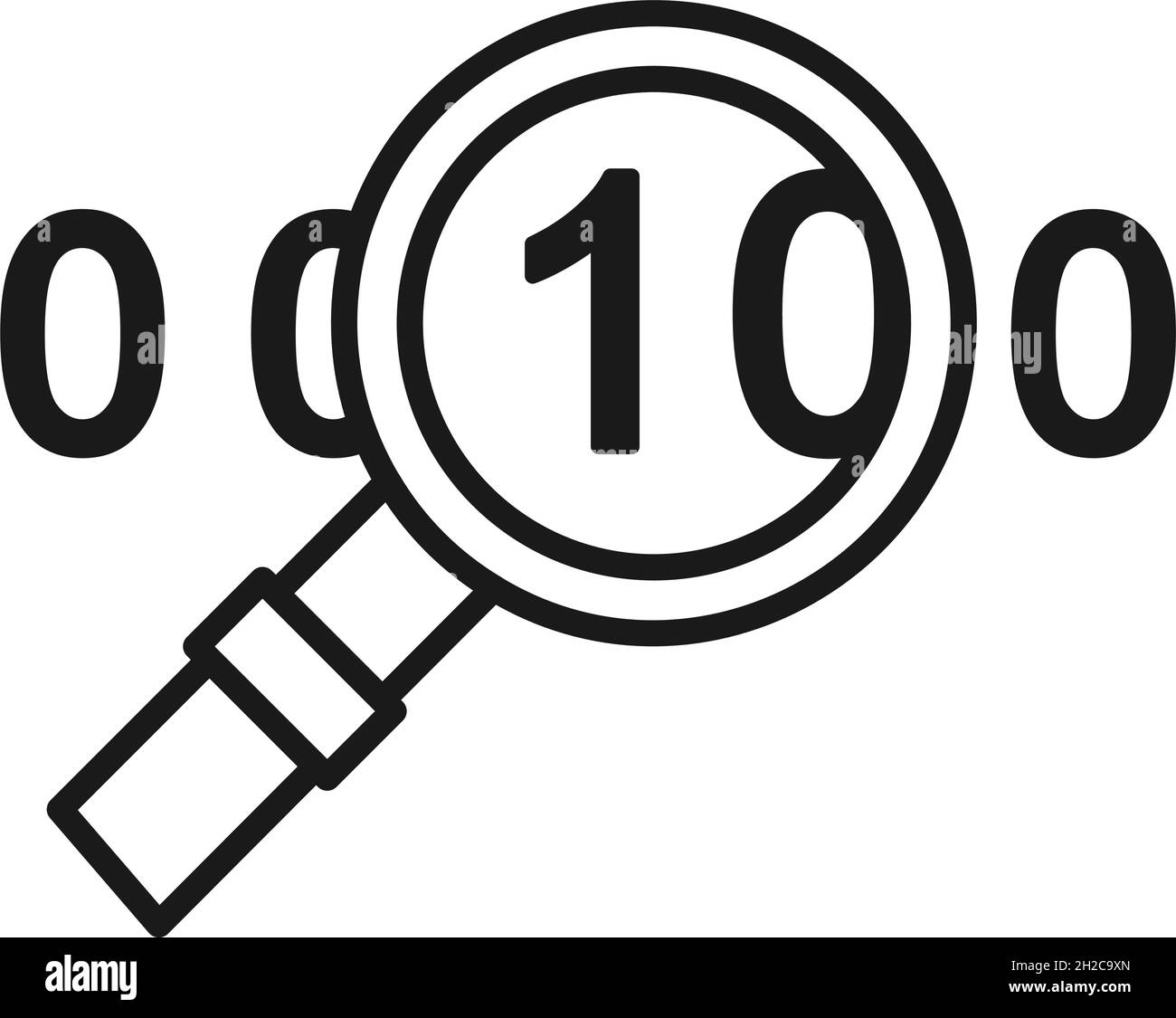 Line art black and white search icon. Binary code in magnifying glass. Vector illustration for ...