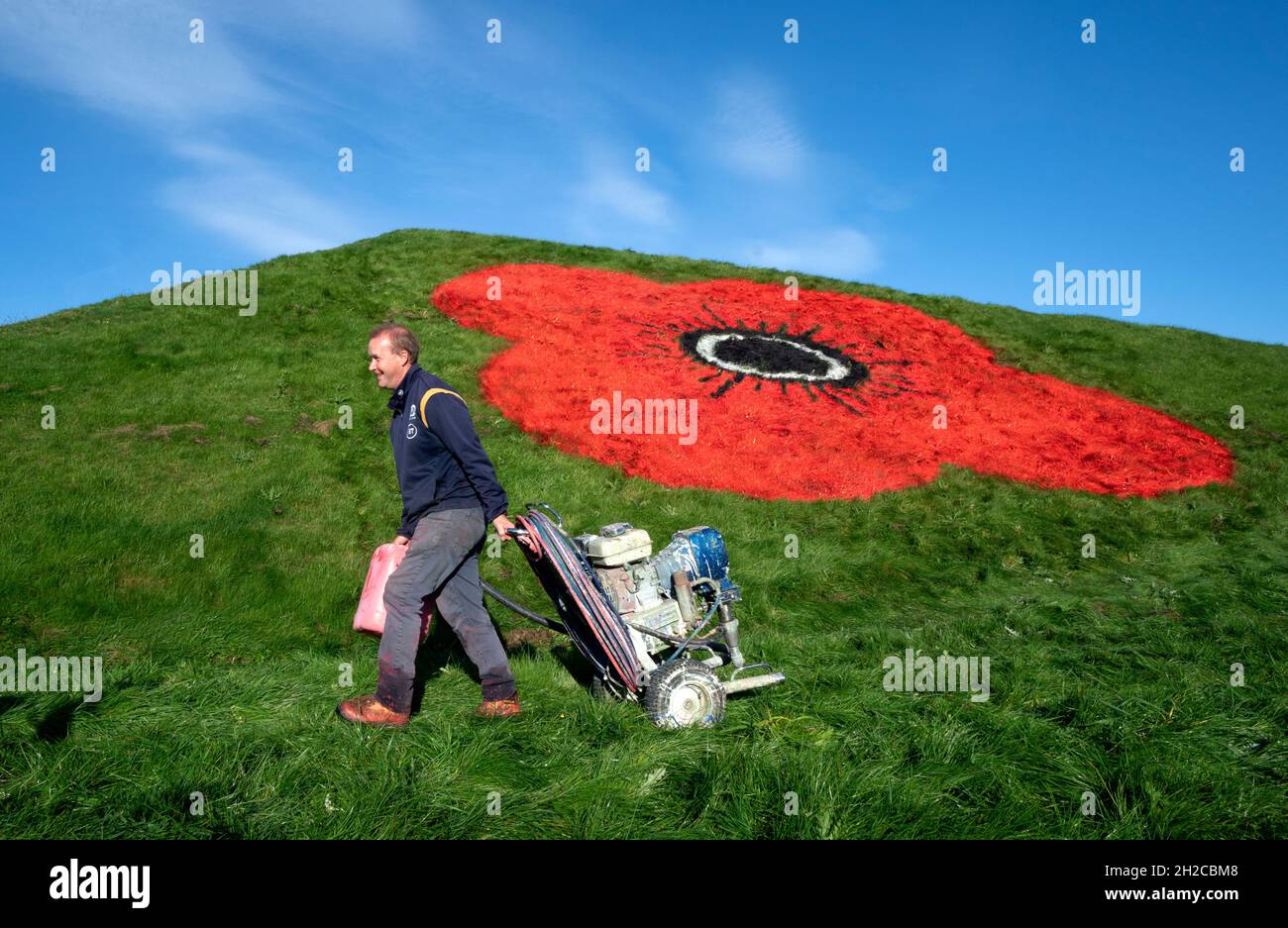 Giant poppies are painted onto the grass pyramids alongside the M8 ...
