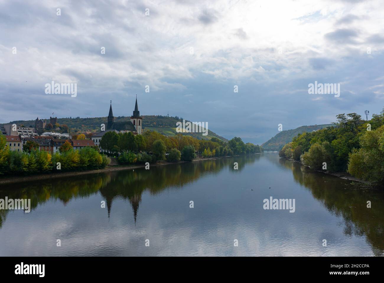 church reflected in water in Bingen Stock Photo - Alamy
