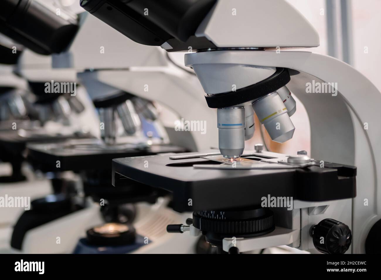 Professional medical microscopes in science lab, exhibition Stock Photo ...