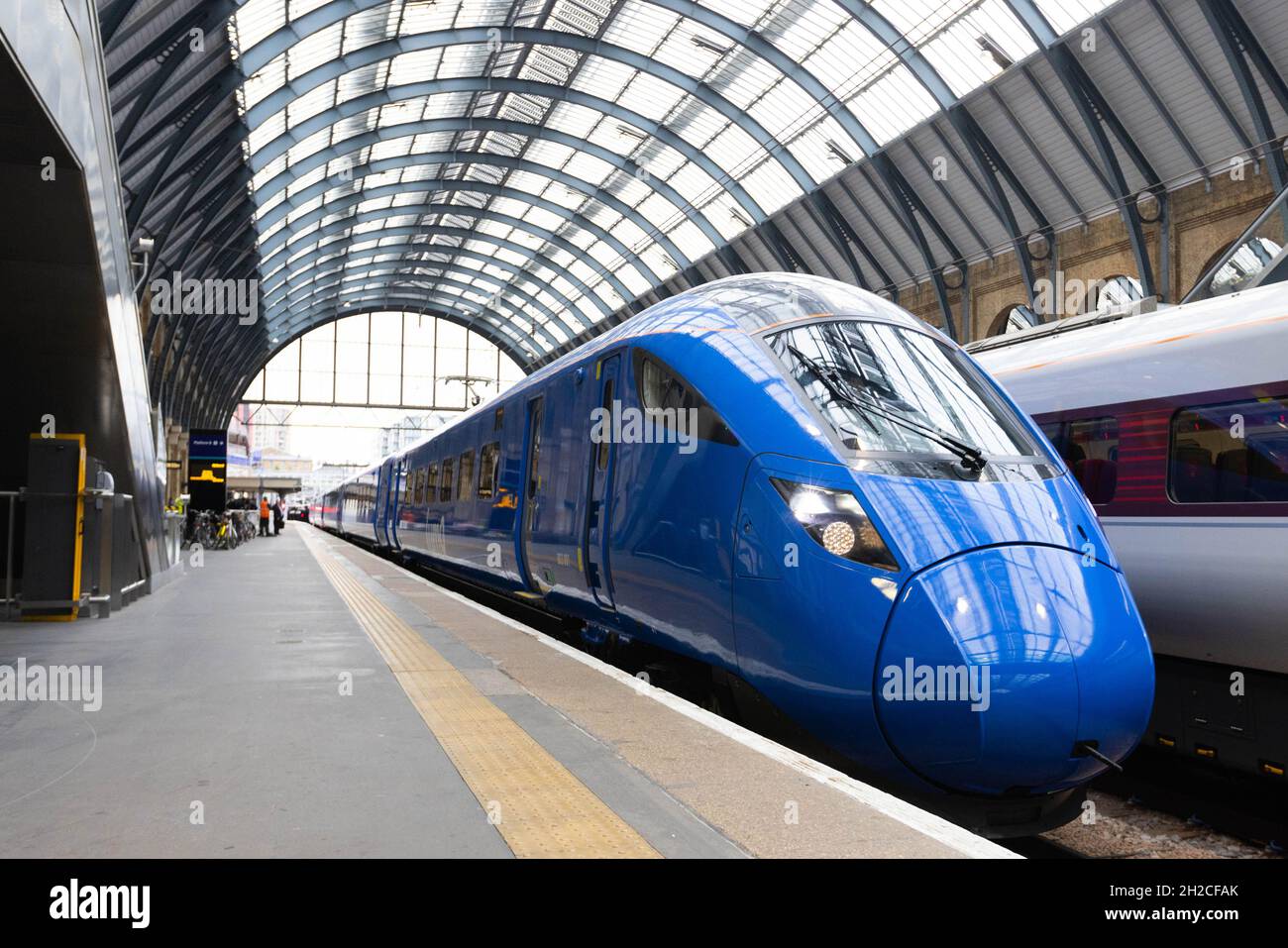 EDITORIAL USE ONLY A Lumo train arrives at Kings Cross, London for its ...
