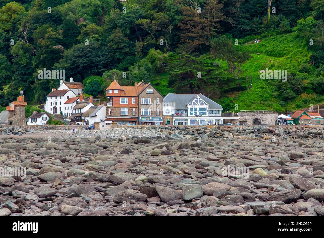 View of the rocky beach at Lynmouth a small seaside resort town on the ...