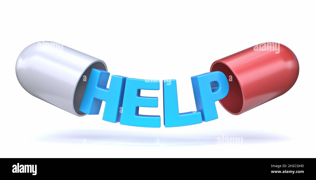 Word HELP inside the pill capsule 3D rendering illustration isolated on ...