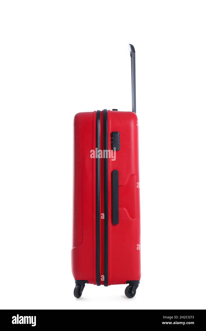 Red suitcase for travelling on white background Stock Photo - Alamy