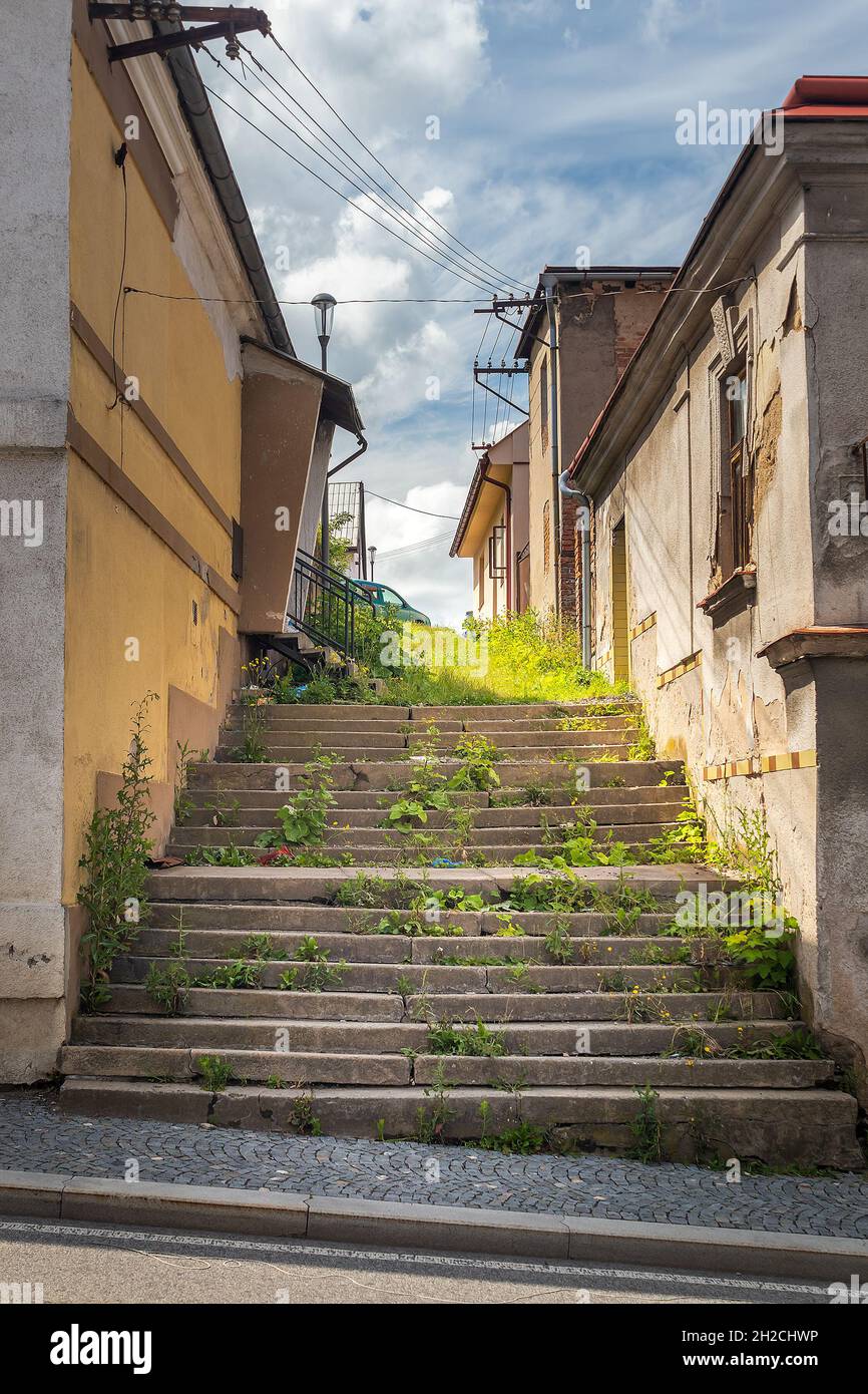 dirty unmaintained side street with grass-covered stairs between ...