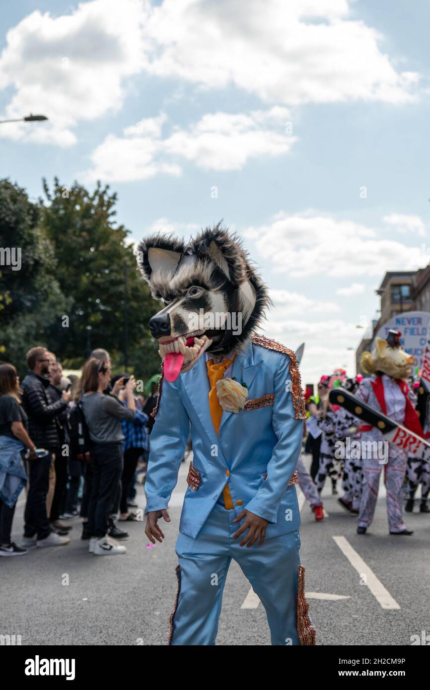 LONDON, UNITED KINGDOM - Sep 08, 2021: A person disguised into a wolf ...