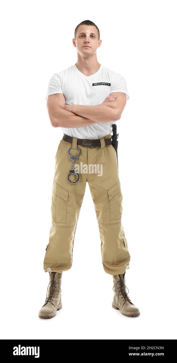 Male security guard in uniform on white background Stock Photo - Alamy