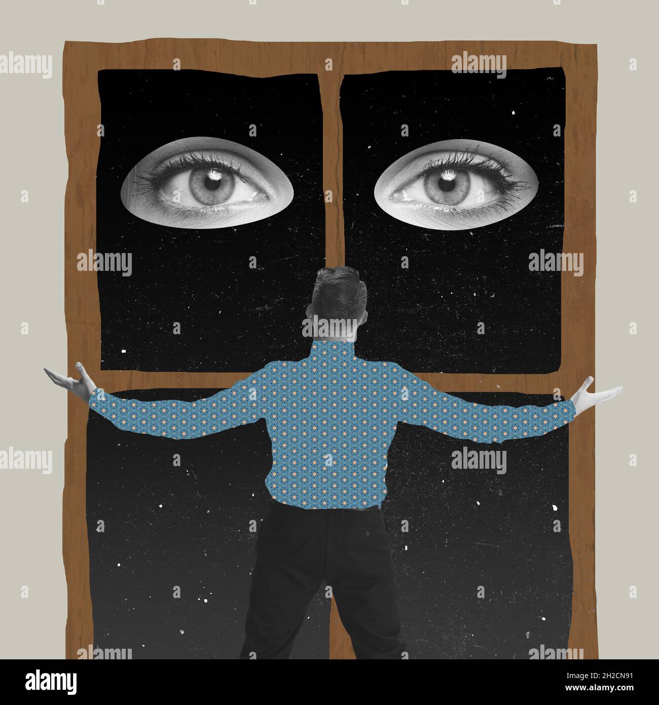 Contemporary art collage of man looking out the window on big beautiful ...