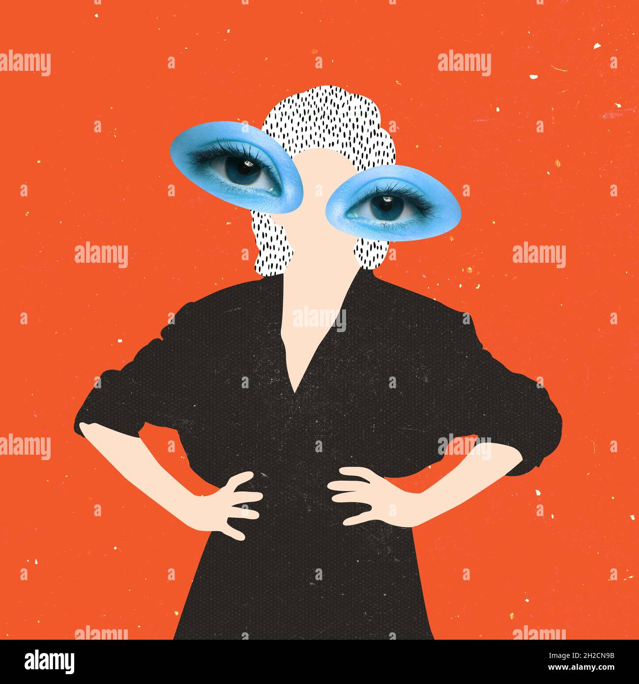 Contemporary art collage of drawn female with big human eye application ...