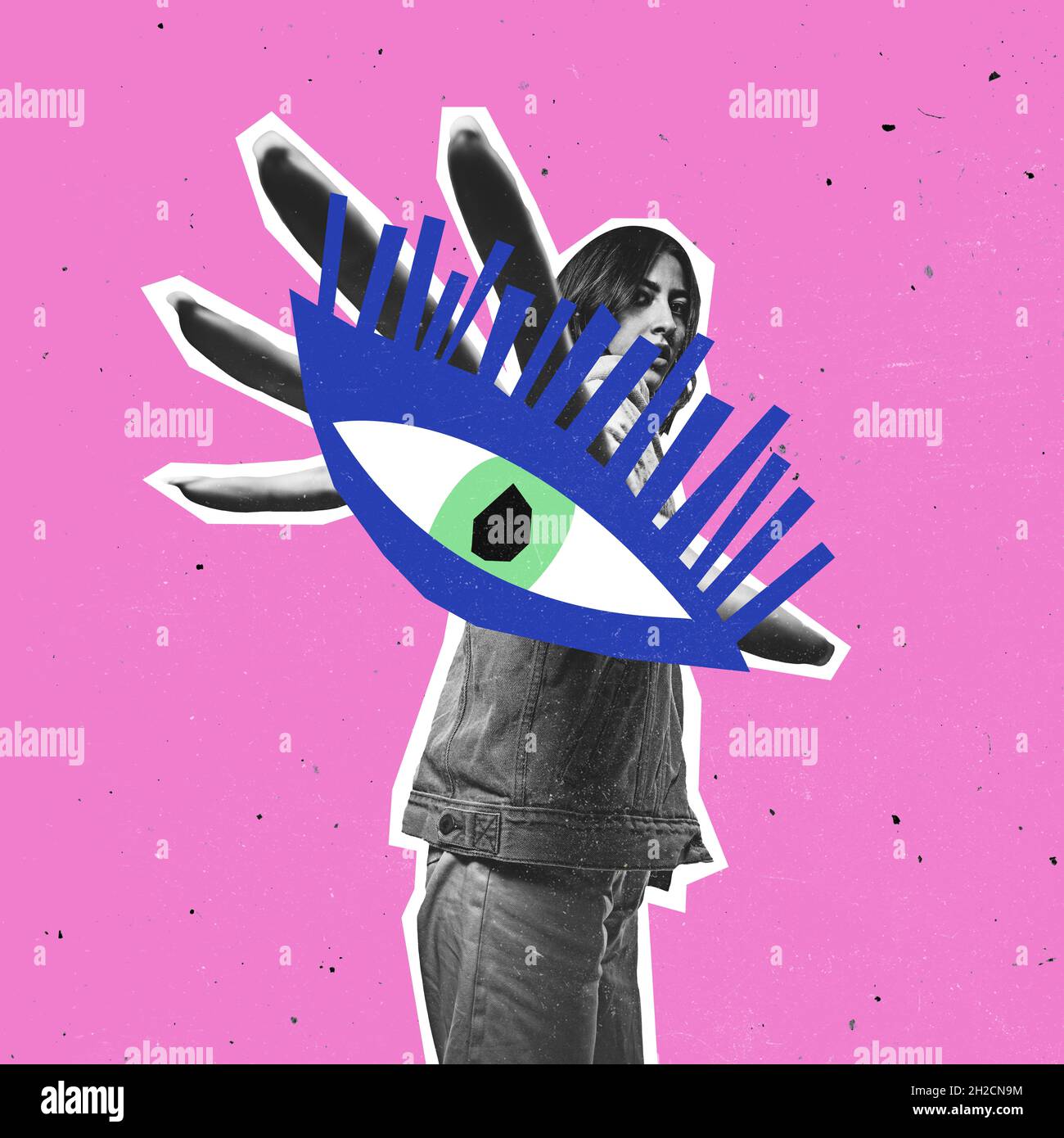 Contemporary art collage of woman and drawn eye element isolated over ...