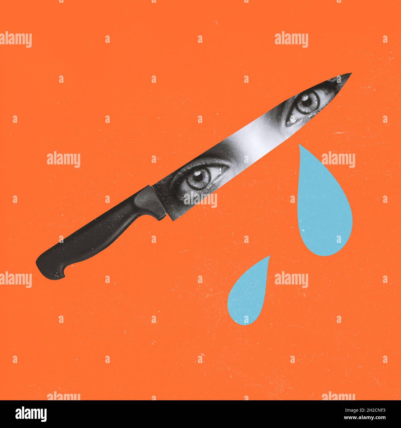 Contemporary art collage of knife with female eyes and teardrops ...