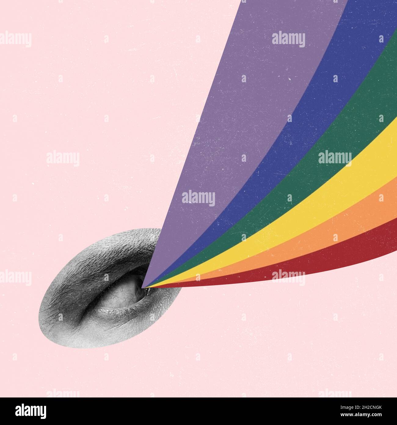 Contemporary art collage of human eye and rainbow isoated over pink ...
