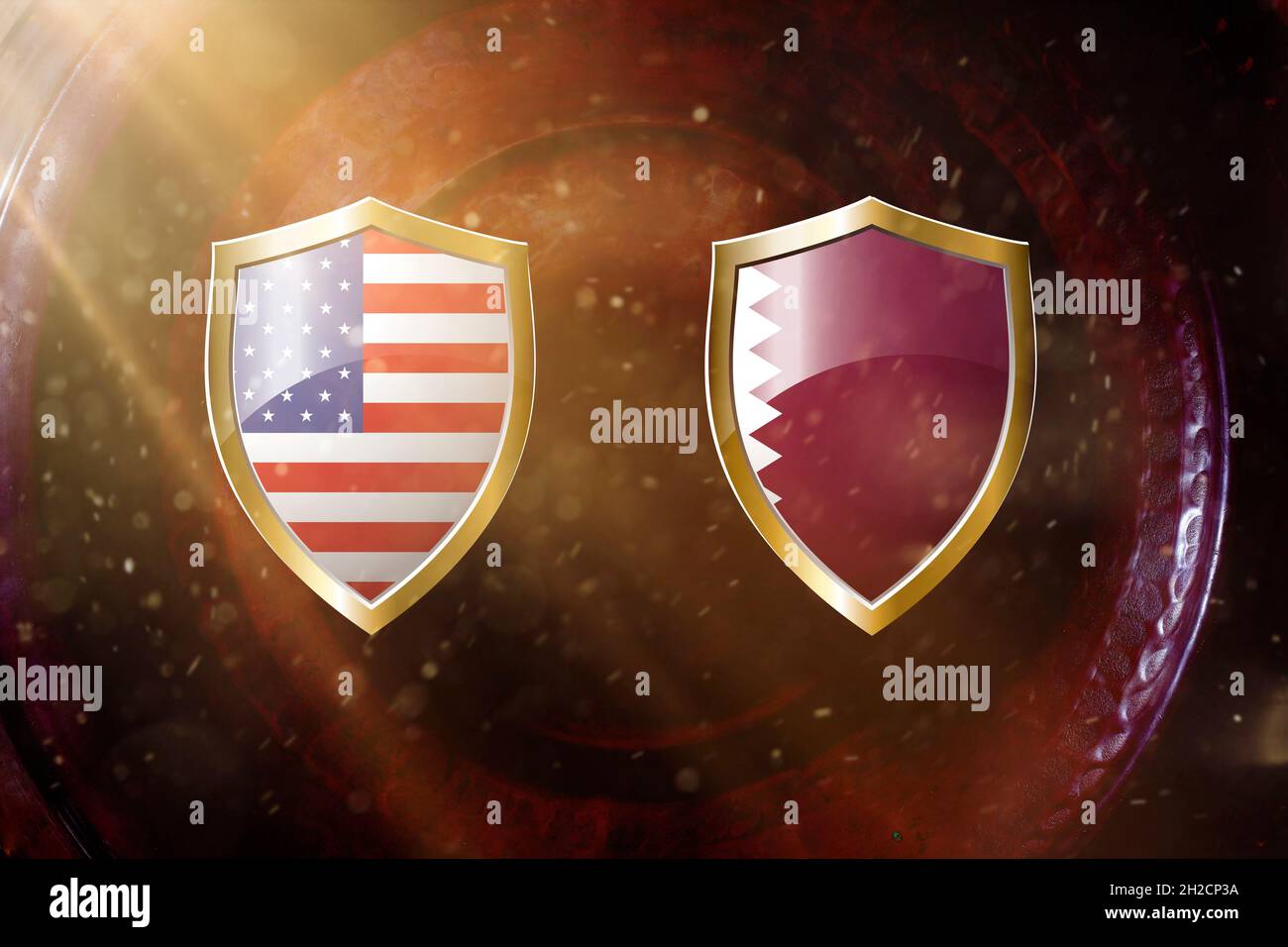 us and qatar flag in golden shield on copper texture background.3d ...