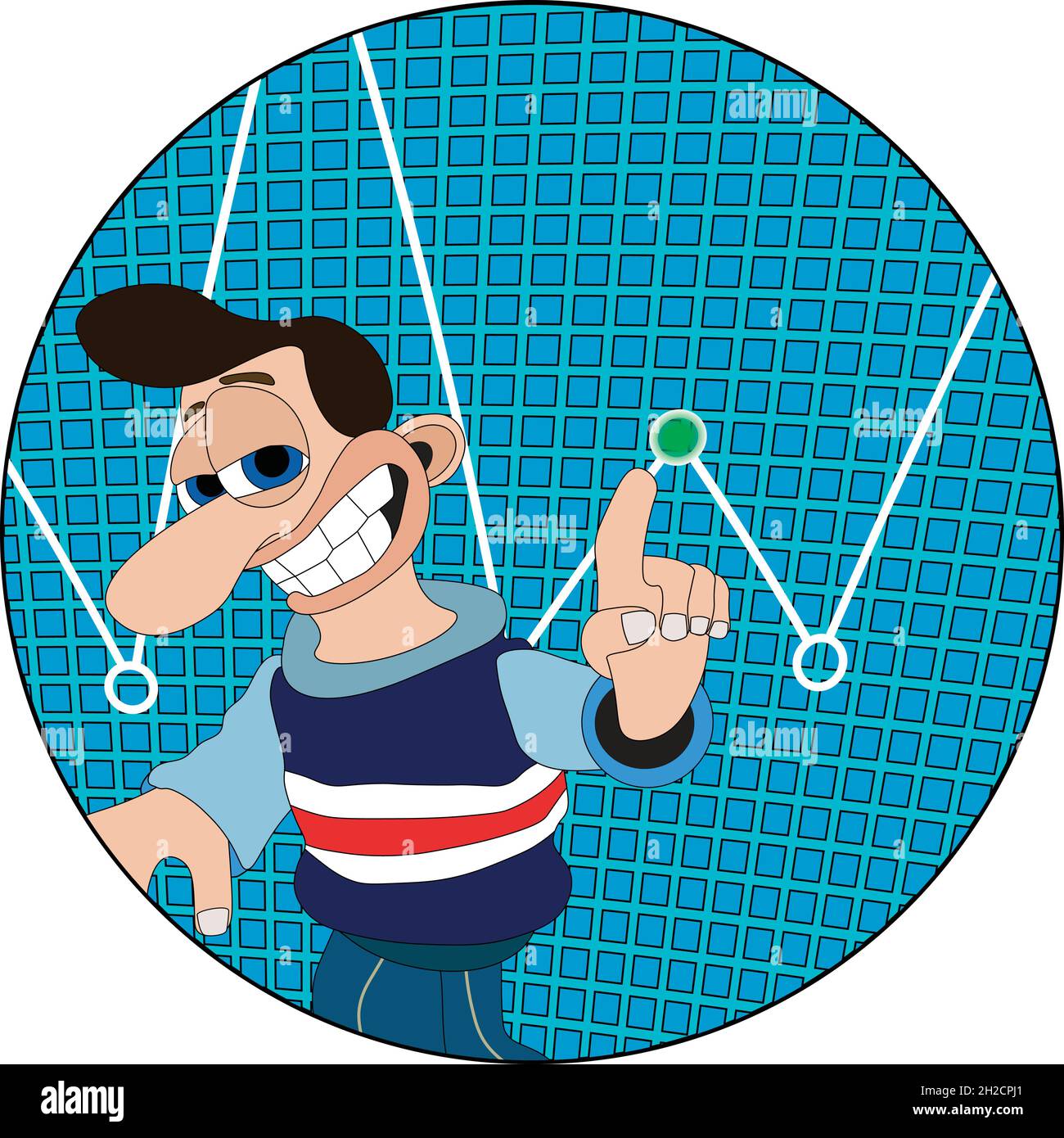 Man with a cheeky smile and big nose pointing at a green spot on a ...