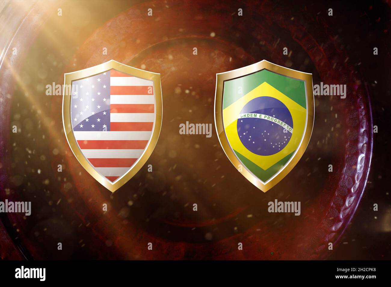 us and brazil flag in golden shield on copper texture background.3d ...