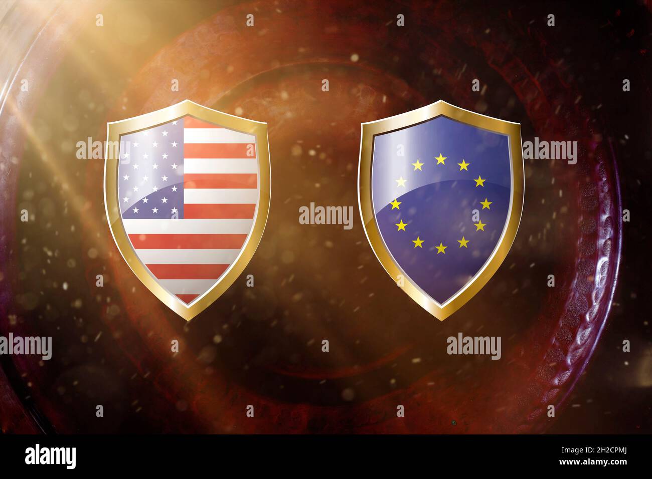 us and european union flag in golden shield on copper texture ...