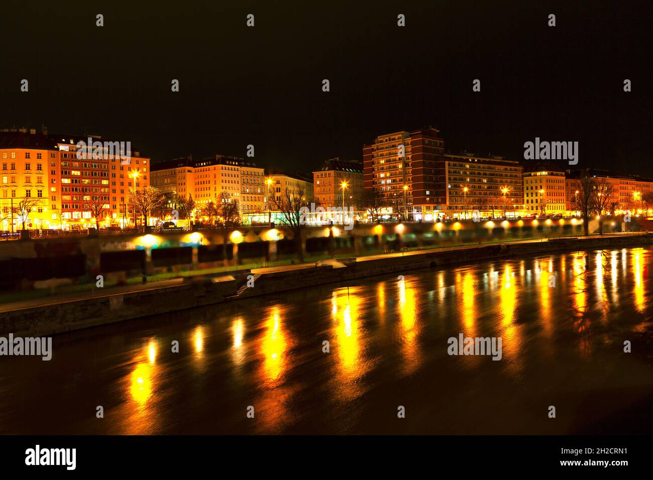 Night view of Danube riverside district in Vienna Austria . European ...