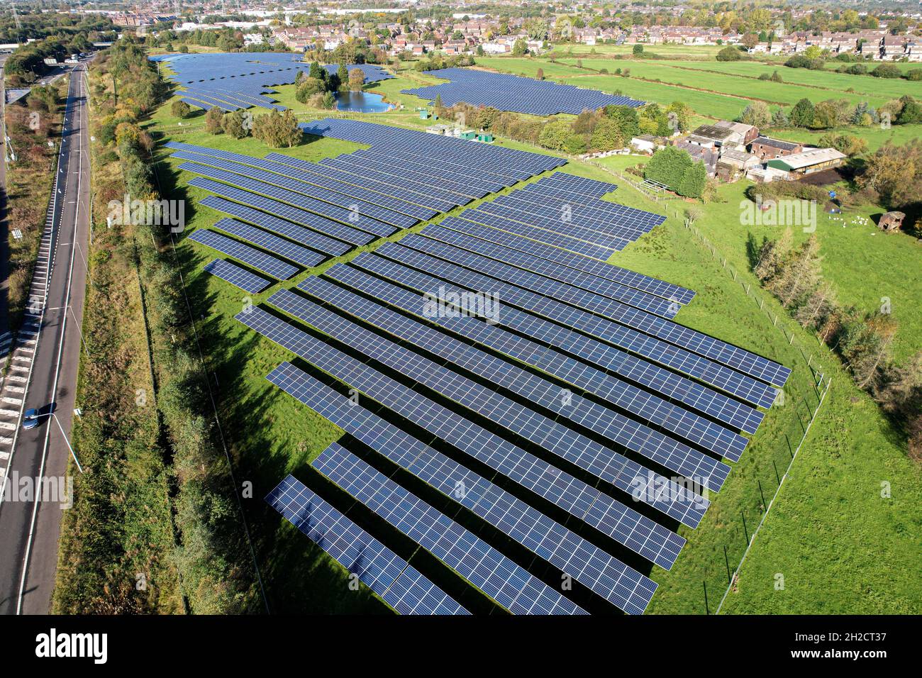 energy saving, global warming Solar energy farm. High angle, elevated ...
