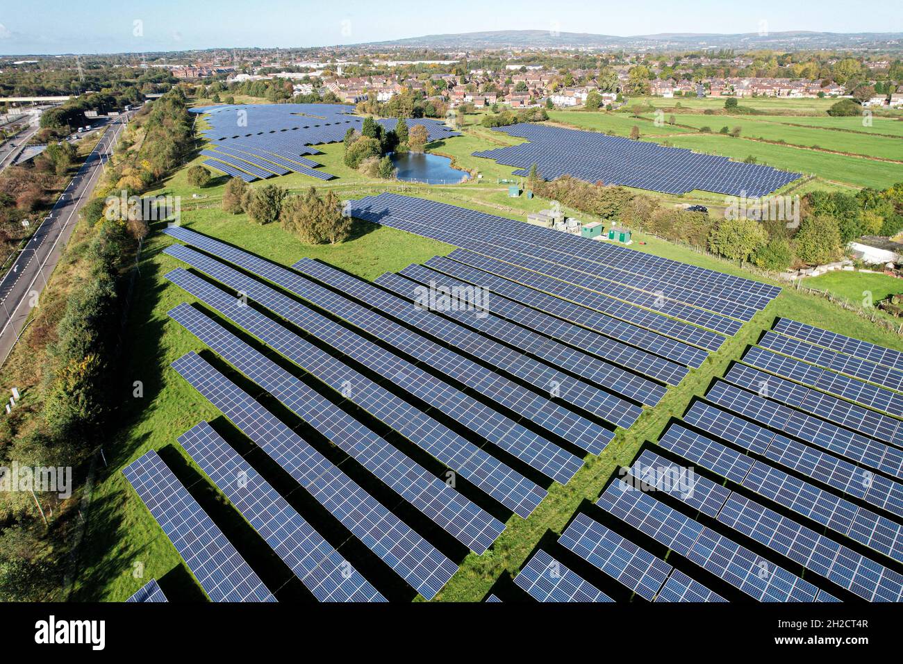 energy saving, global warming Solar energy farm. High angle, elevated ...