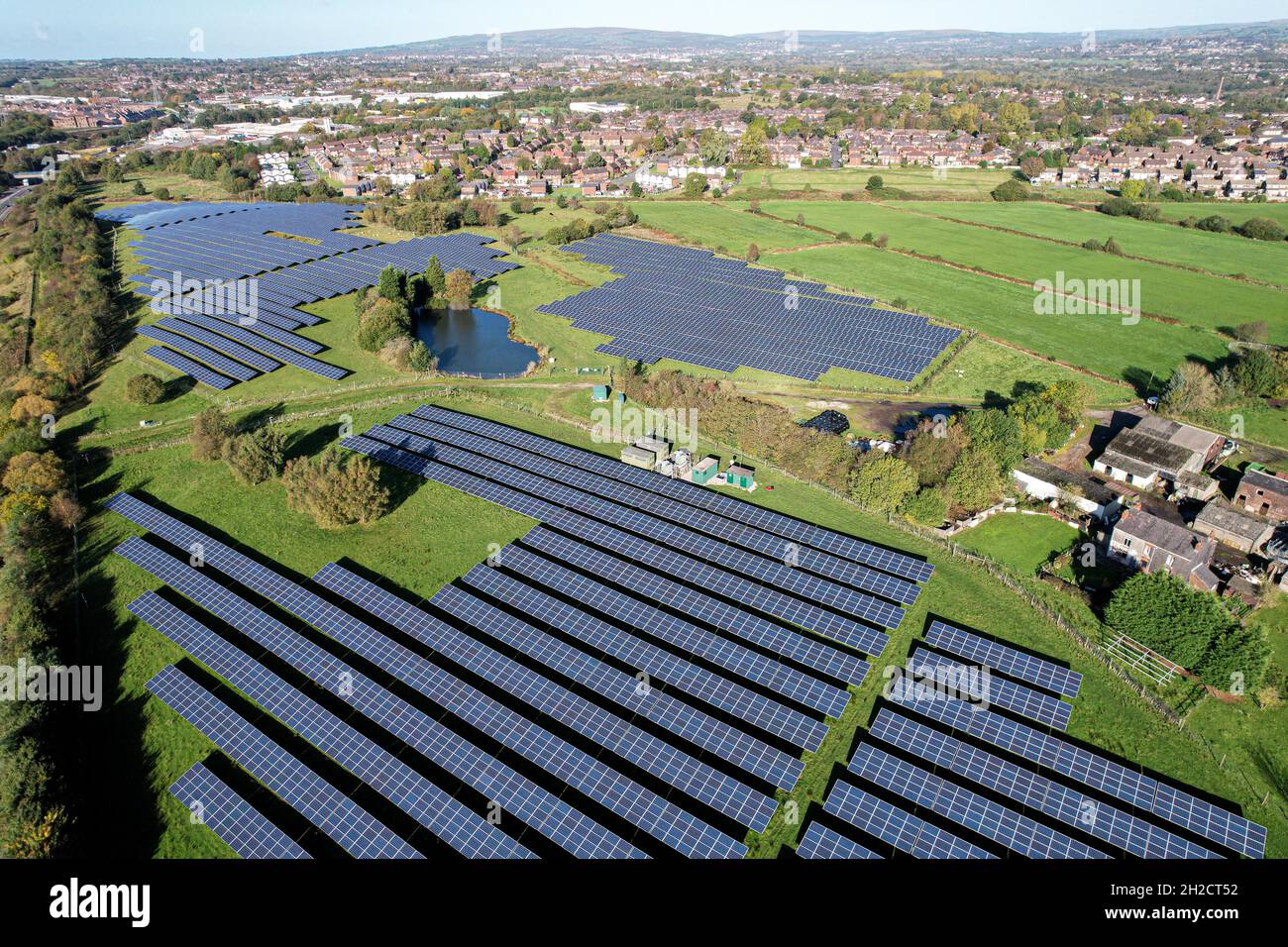 energy saving, global warming Solar energy farm. High angle, elevated ...