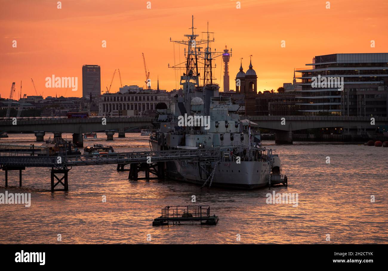 Sunset on the River Thames, captured from Tower Bridge, London England ...