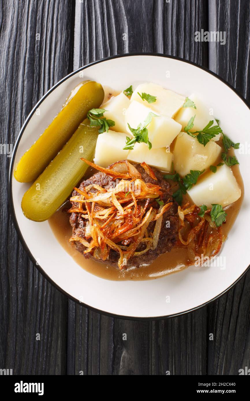 Danish Beef Patties hakkebof made from beef mince served with potatoes ...