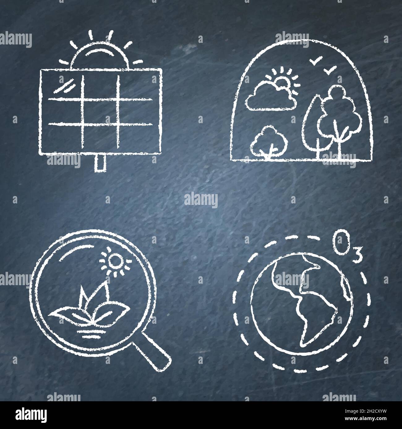 Chalkboard ecology and climate change icon set. Ozone layer, solar ...