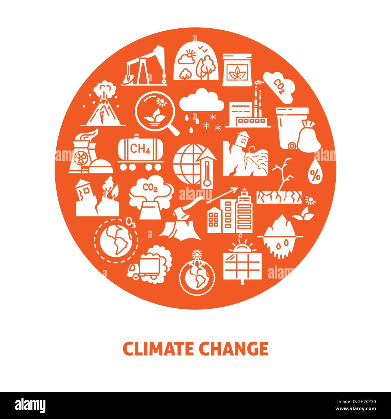 Climate change round banner in flat style with text. Ecology problems ...