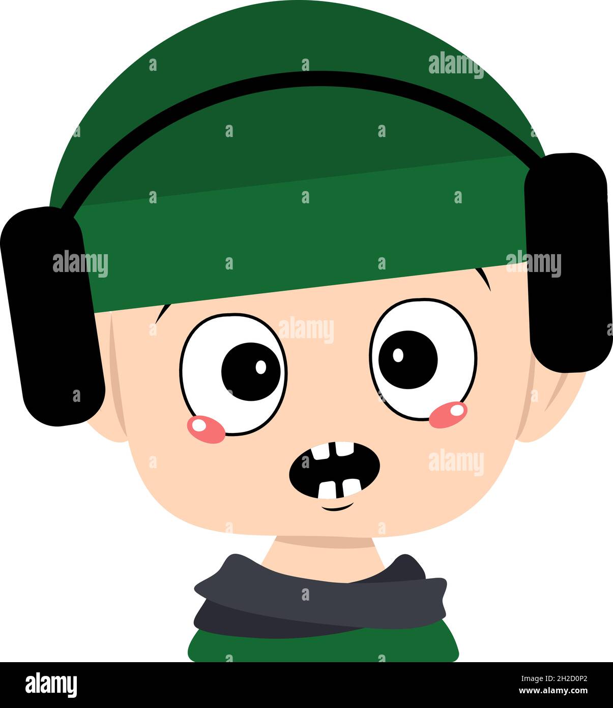 Child with emotions panic, surprised face, shocked eyes in green hat ...