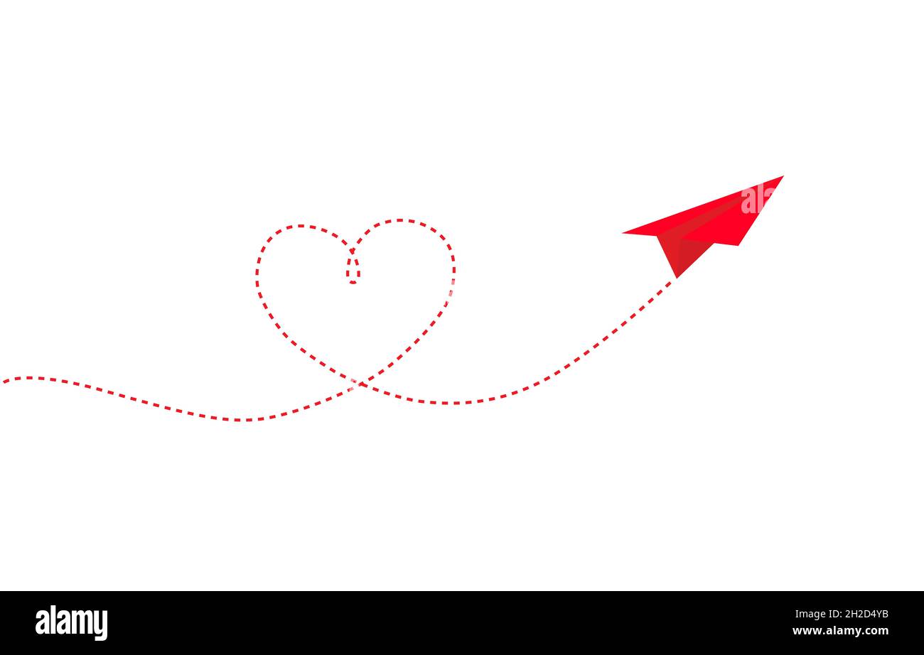 A red paper rocket flying in a heart shape on a white background Stock ...