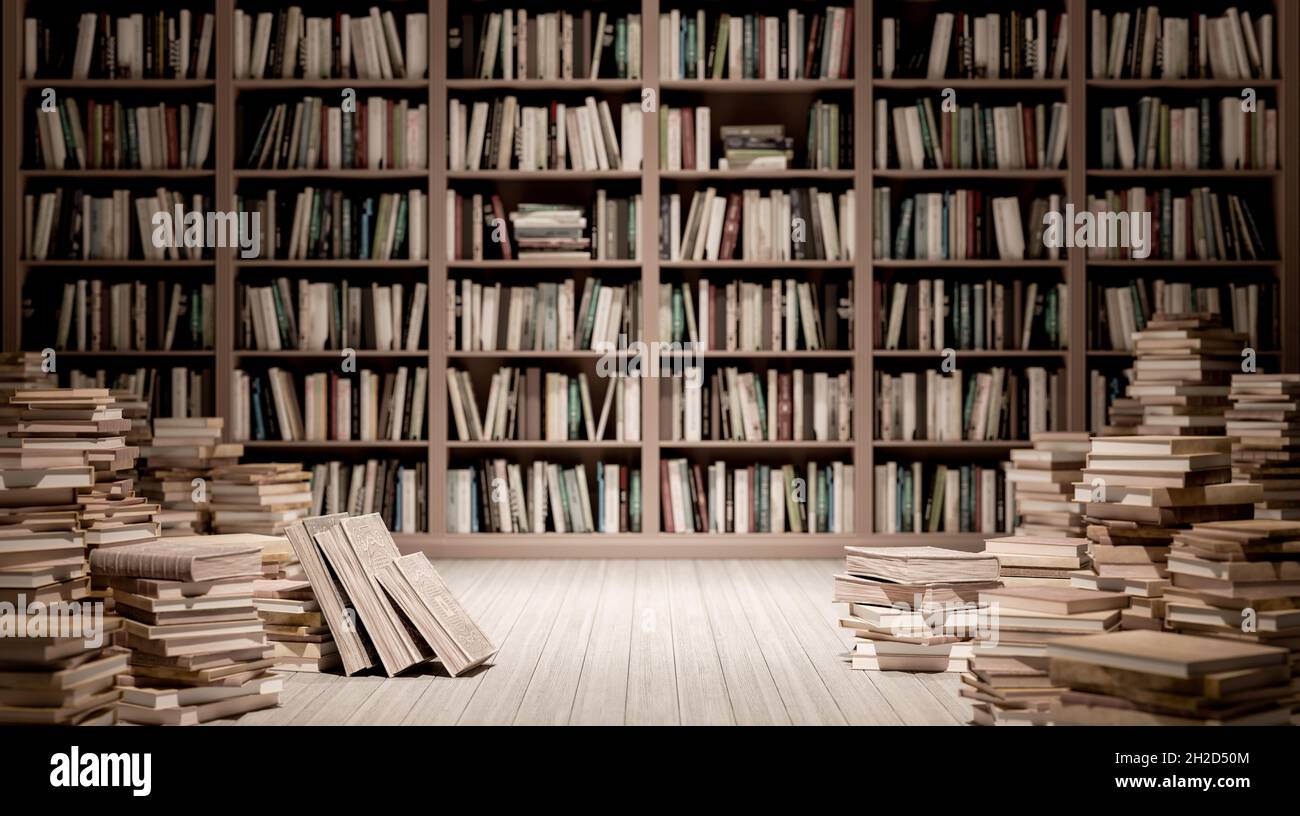 Bookshelves in the library with old books 3d render 3d illustration ...