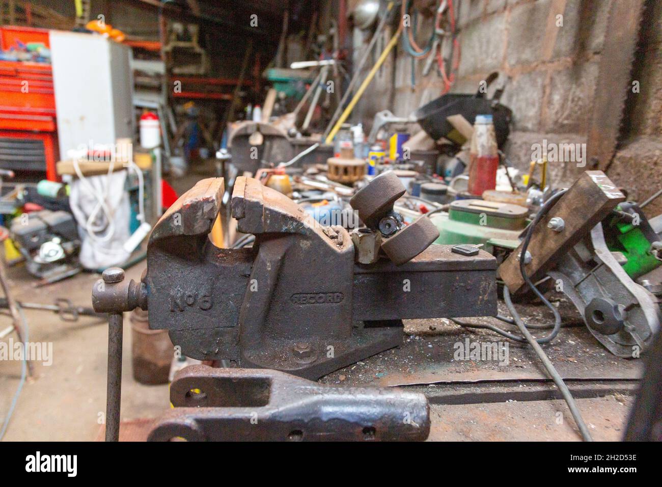 Old vice in a Farm workshop, High Bickington, Devon, England, United ...