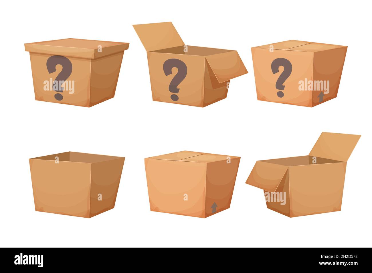 Set mystery cardboard box with question, closed present in cartoon ...