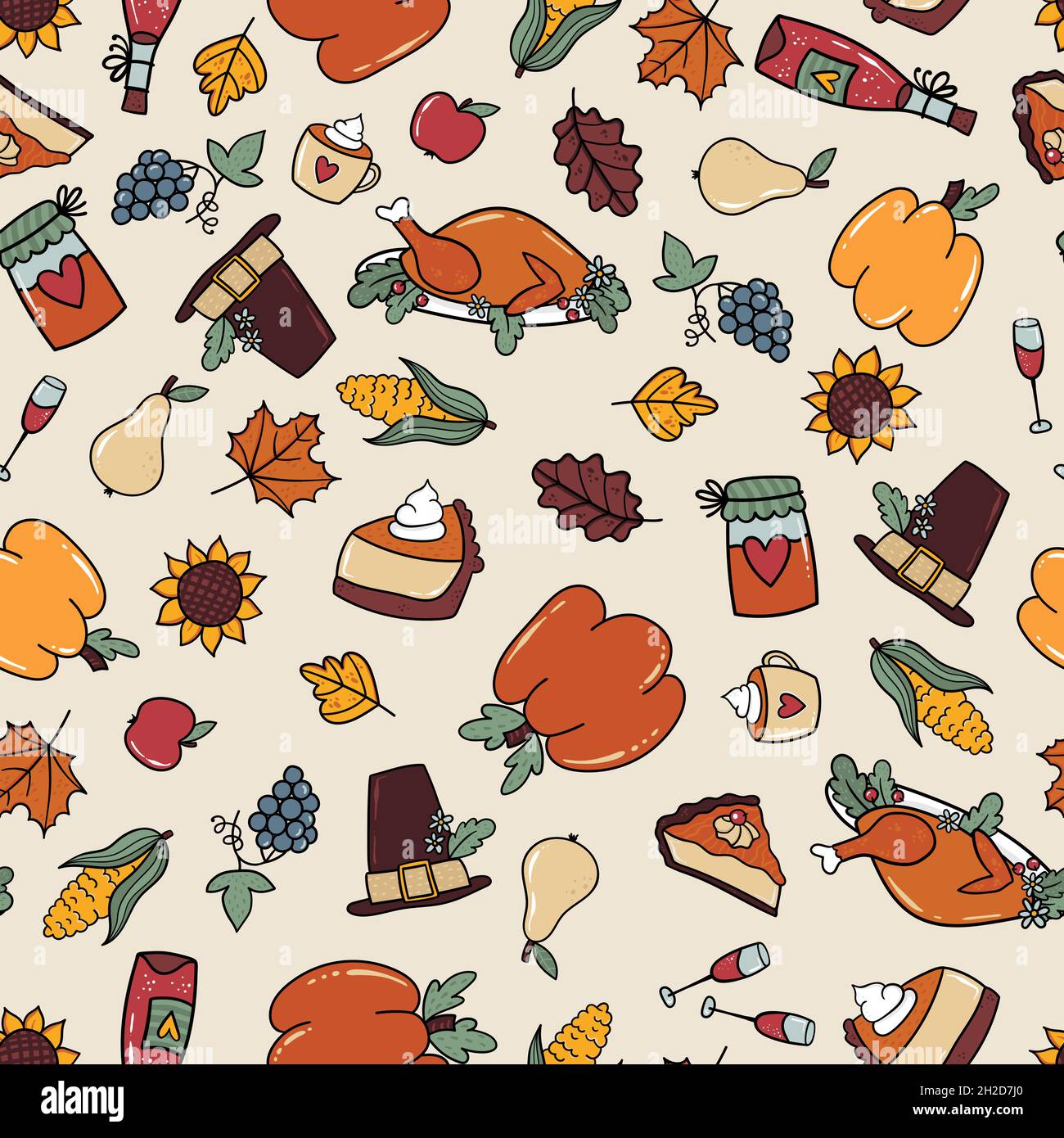 Cute hand drawn Thanksgiving seamless pattern, lovely food and autumn ...