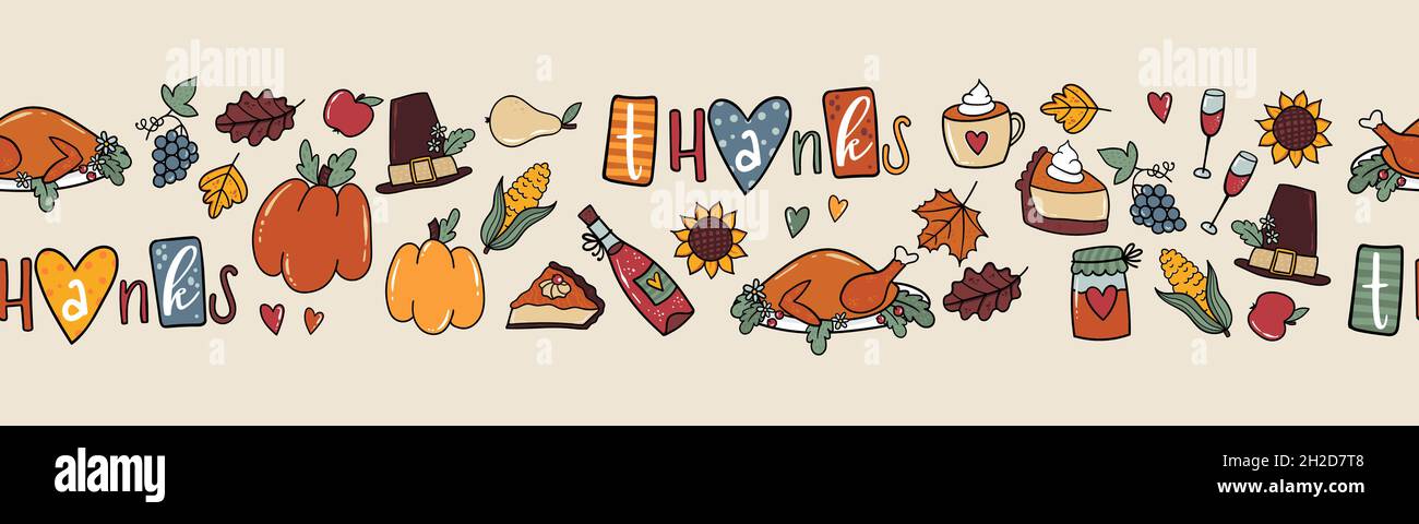 Cute hand drawn Thanksgiving seamless pattern, lovely food and autumn ...