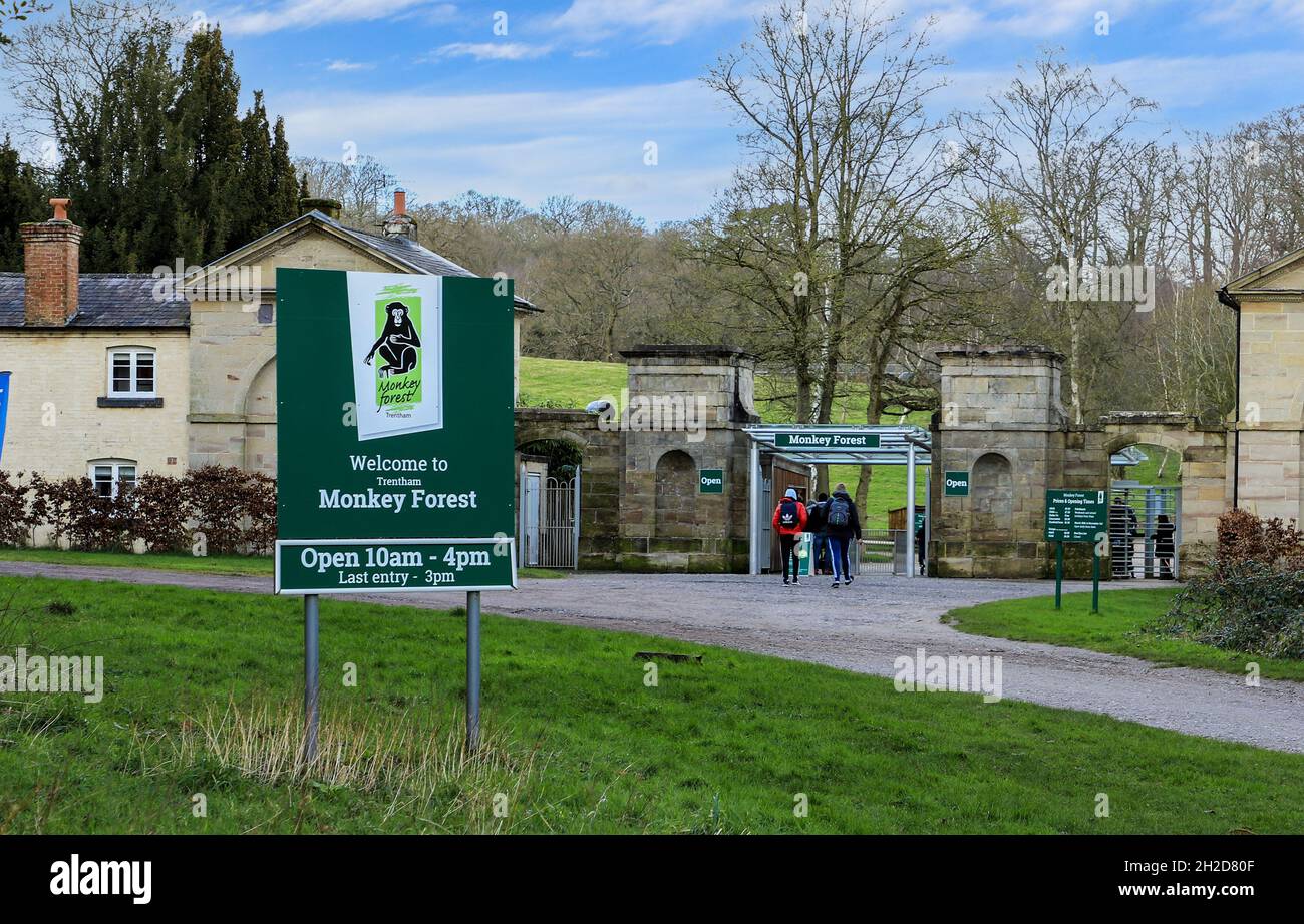 A sign at the entrance to the Monkey Forest at Trentham Gardens, Stoke ...