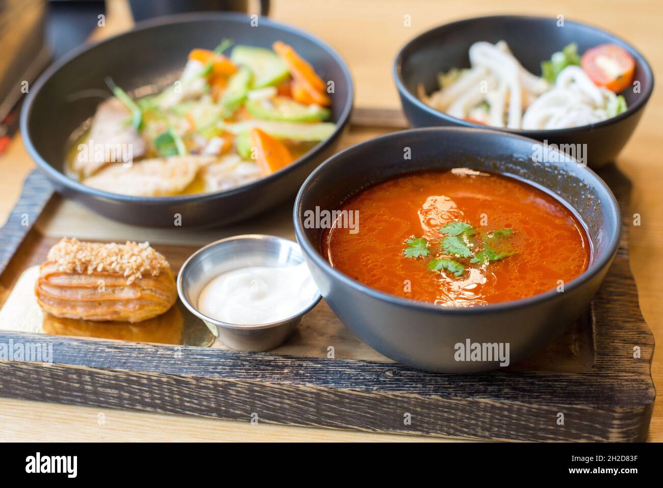 Order of three hot dishes at the shopping center restaurant Stock Photo ...
