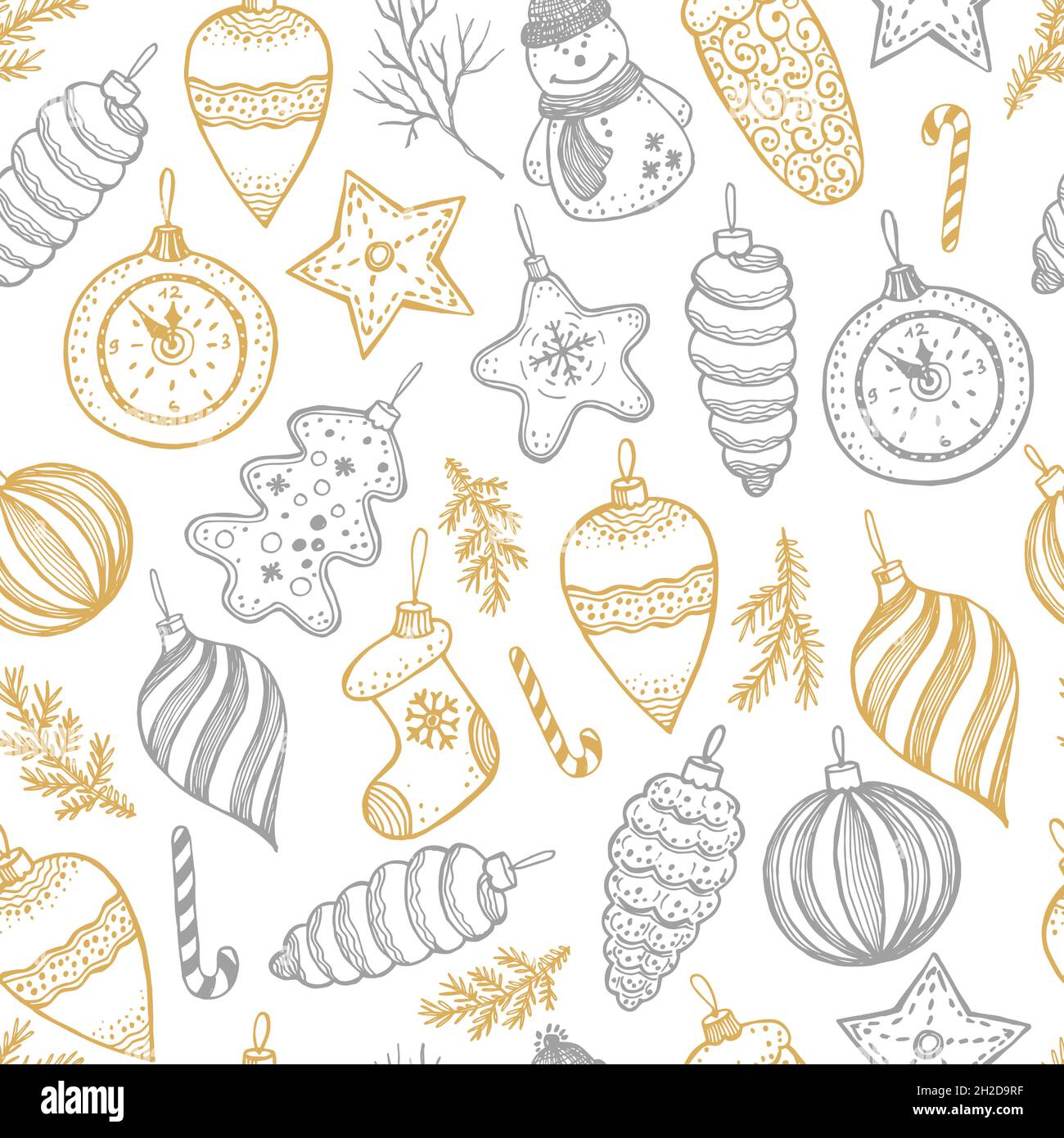 Hand drawn Christmas seamless pattern. Fur tree with balls, toys and ...