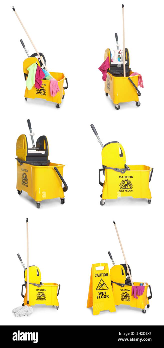 Set with janitorial trolley and other cleaning supplies on white ...