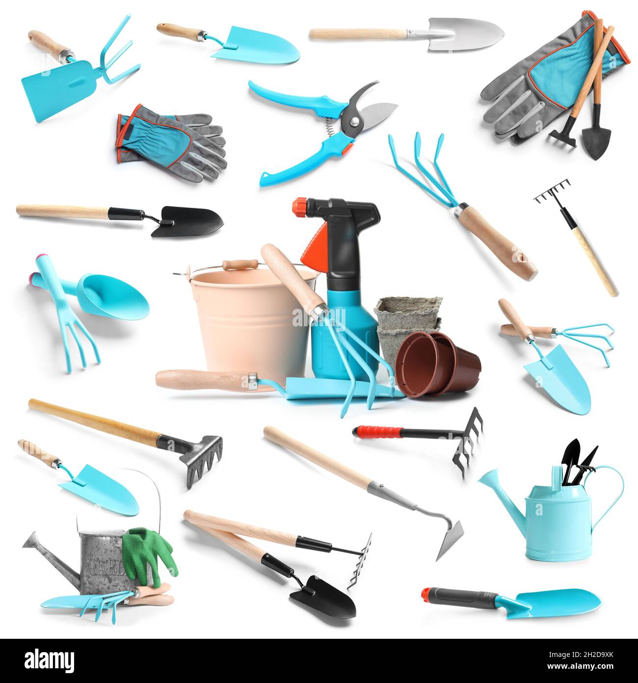 Set of different gardening tools on white background Stock Photo - Alamy