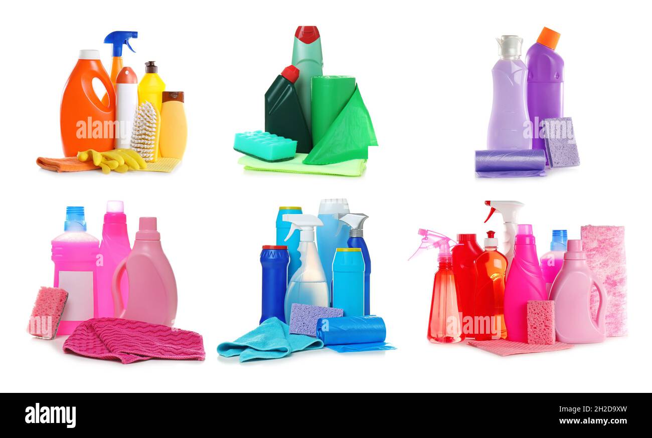 Set of different cleaning supplies in white background Stock Photo - Alamy