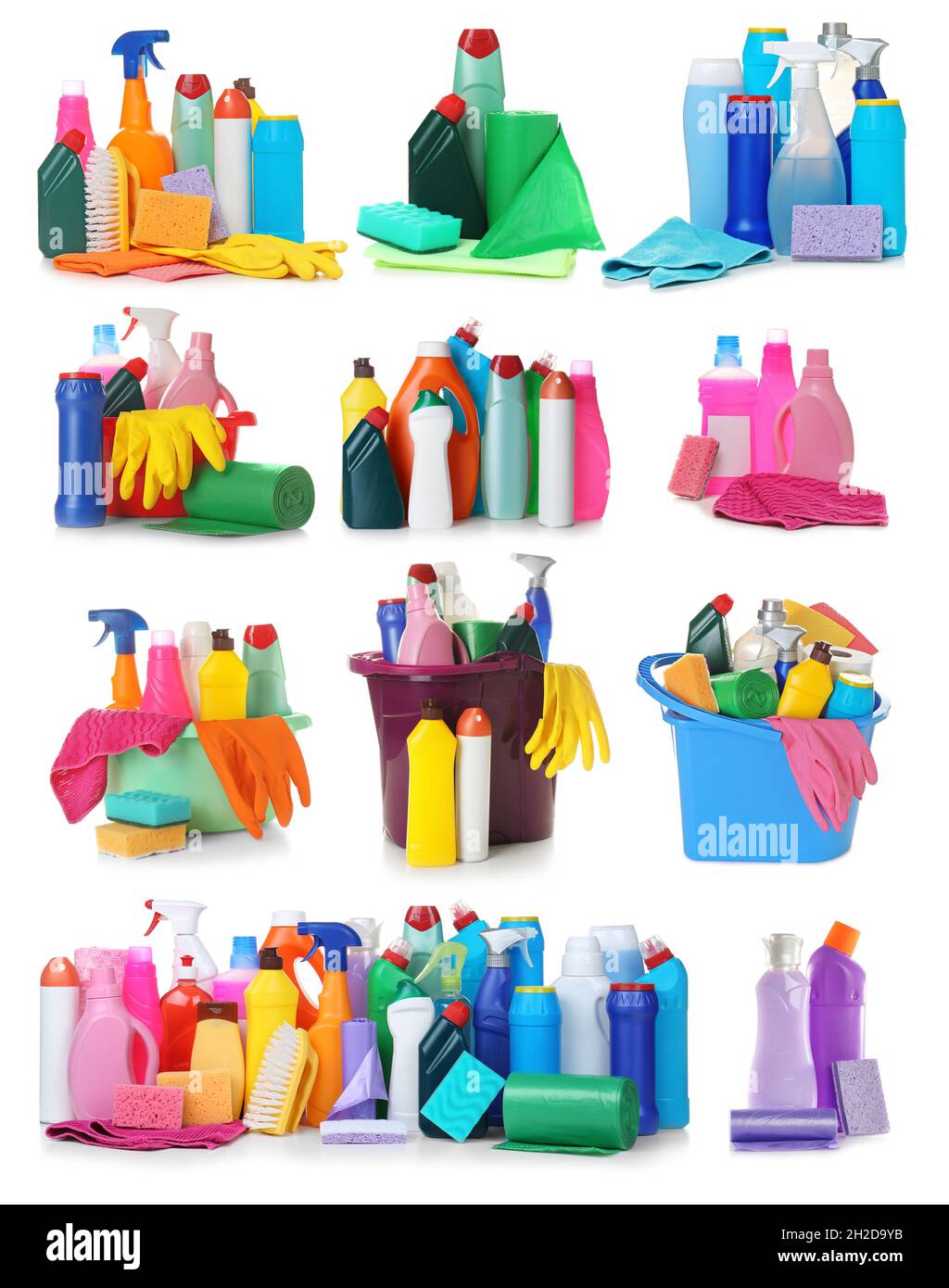 Set of different cleaning supplies in white background Stock Photo - Alamy