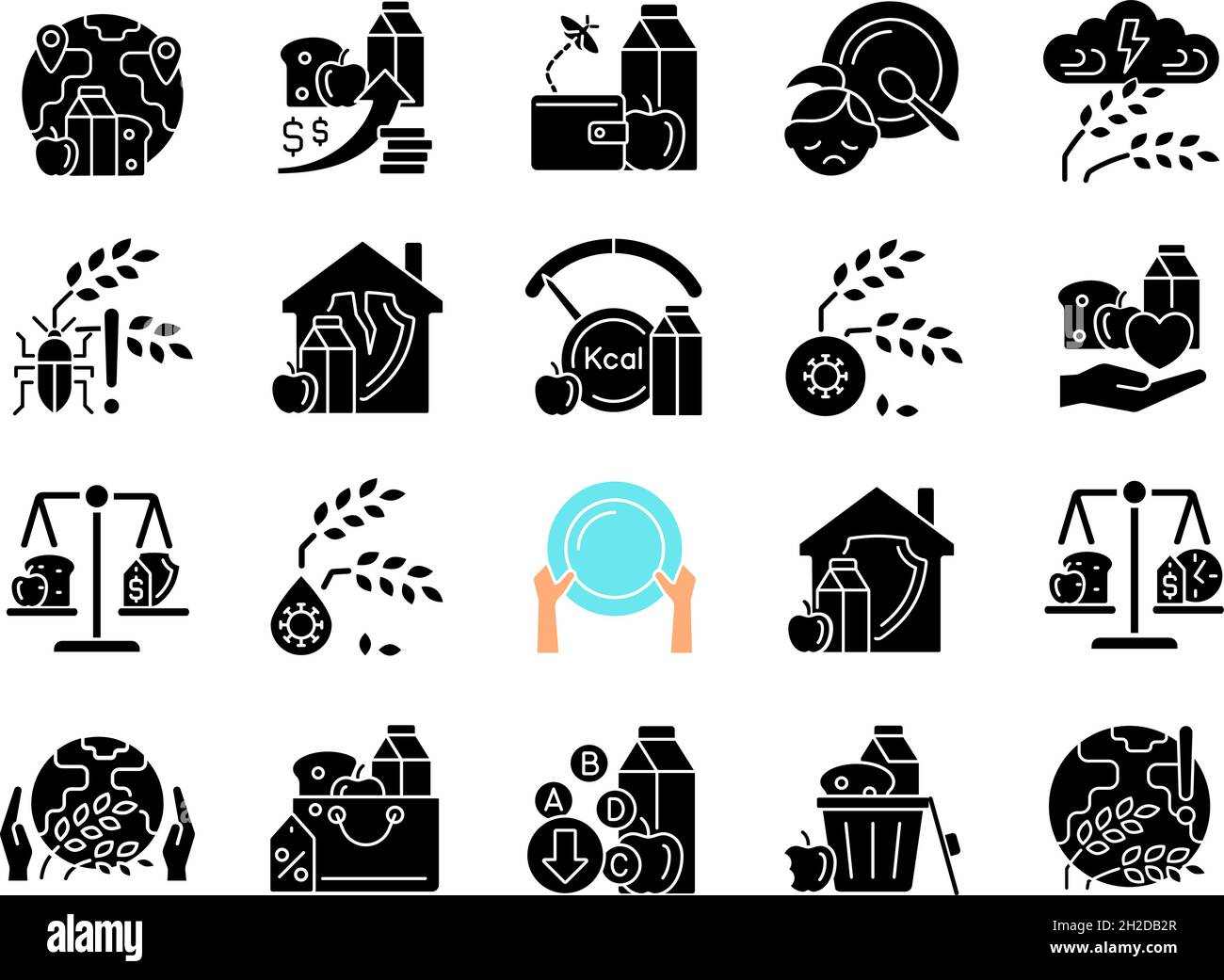 Hunger and food security black glyph icons set on white space Stock ...