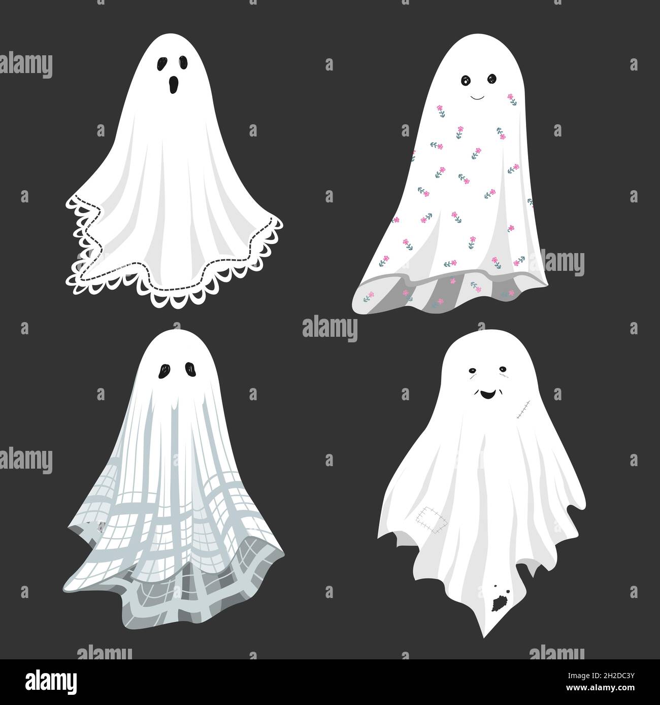 Set of cute ghost in a vintage, old, and retro sheets. Design elements ...