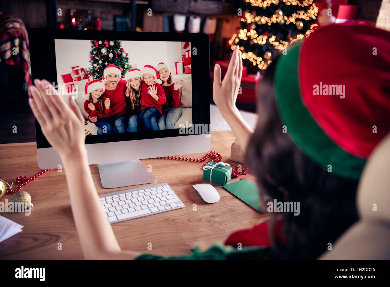 Profile side view portrait of attractive cheerful girl elf calling on ...